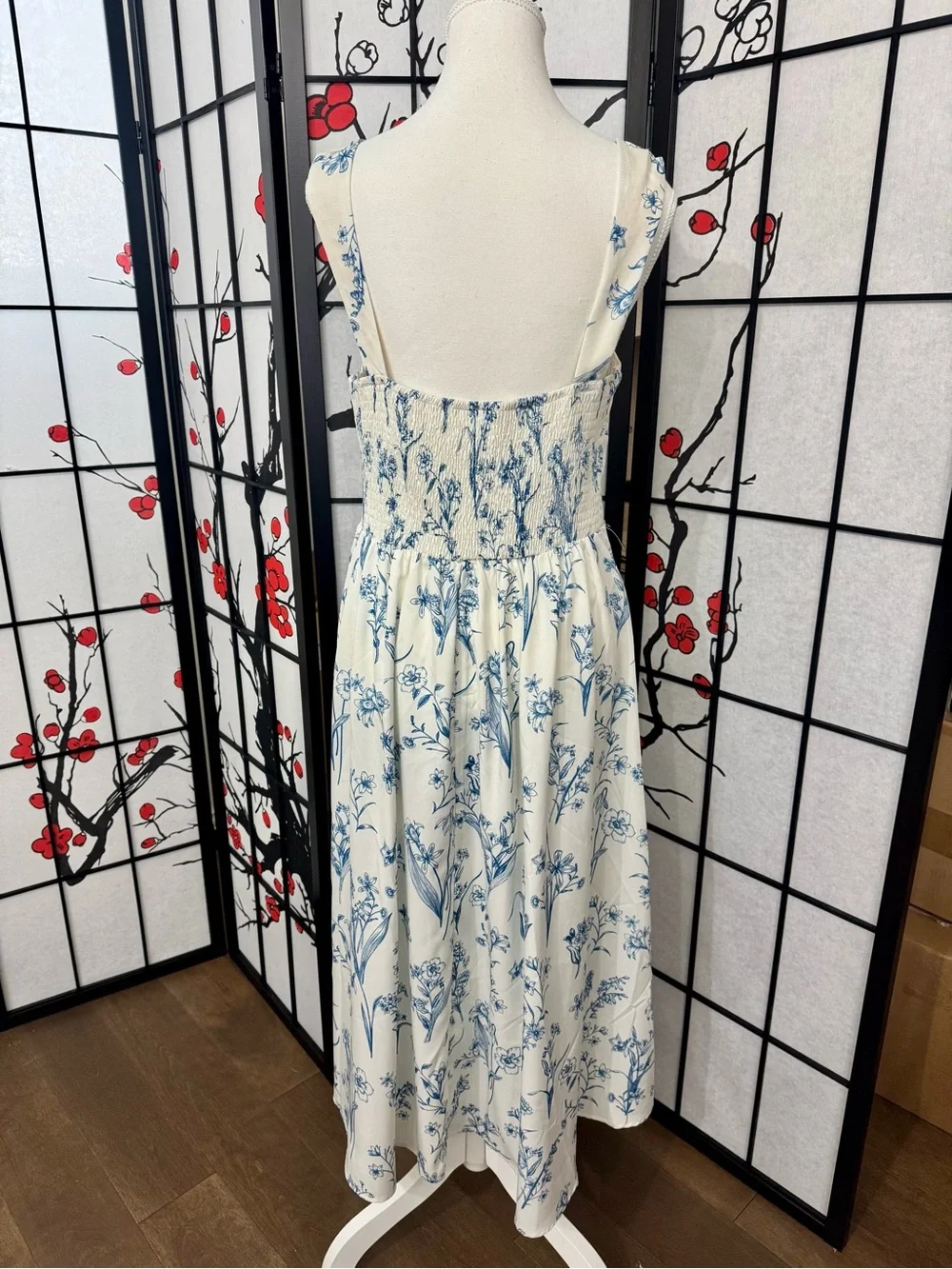 SHEIN | Dresses | Shein White Midi Dress With Blue Floral Print | Poshmark